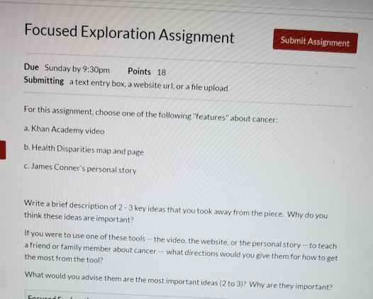 Solved Focused Exploration Assignment Submit Assignment Due | Chegg.com