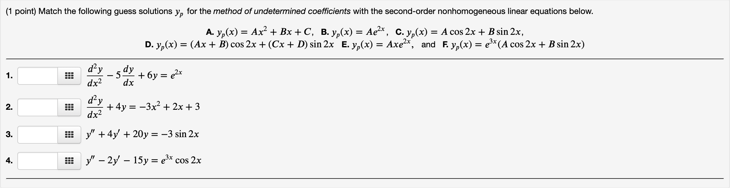 Solved (1 point) Match the following guess solutions yp for | Chegg.com