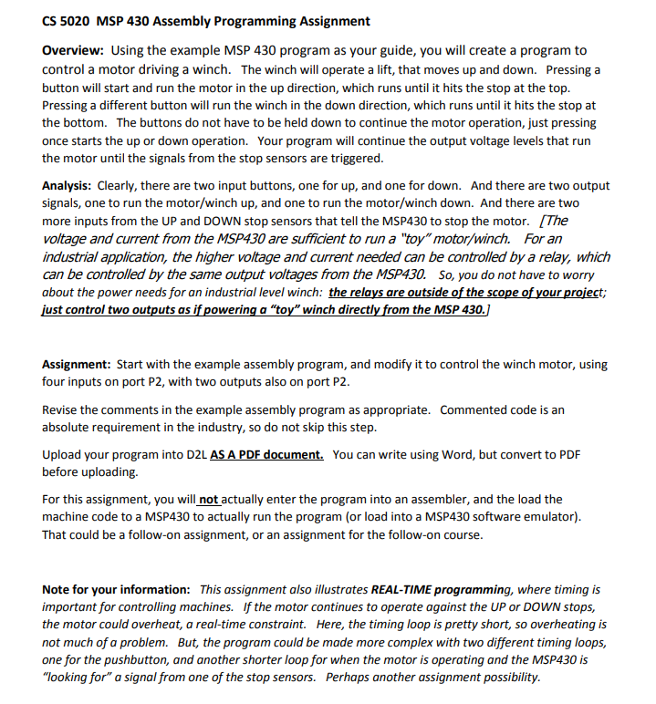 CS 5020 MSP 430 Assembly Programming Assignment | Chegg.com