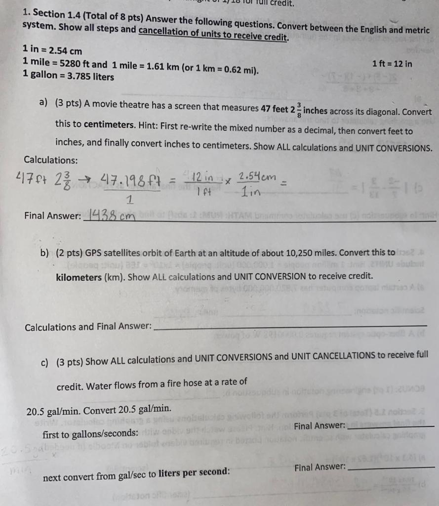 Solved 1 in =2.54 cm1 mile =5280ft and 1 mile =1.61 km (or 1 | Chegg.com