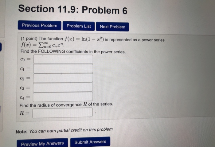 Solved Section 11.9: Problem 6 Previous ProblemProblem List | Chegg.com