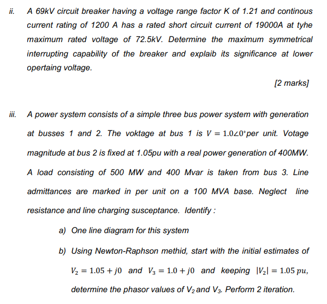 Solved ii. A 69kV circuit breaker having a voltage range | Chegg.com