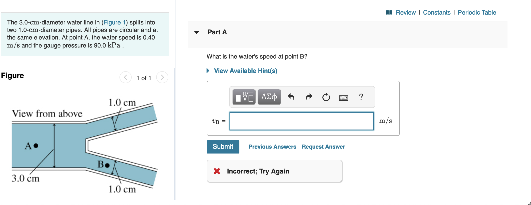 Solved The 3.0-cm-diameter water line in (Figure 1) splits | Chegg.com