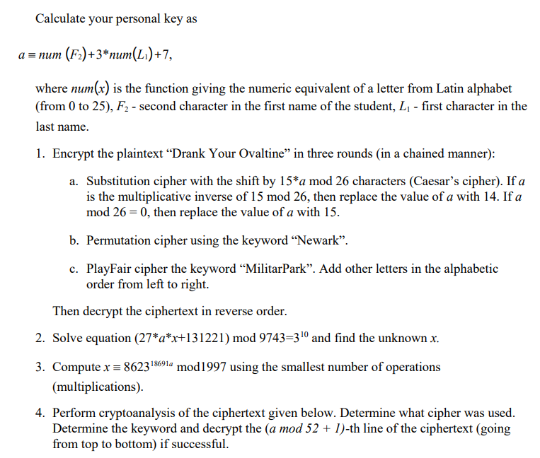 Calculate your personal key as a≡num(F2)+3∗num(L1)+7 | Chegg.com