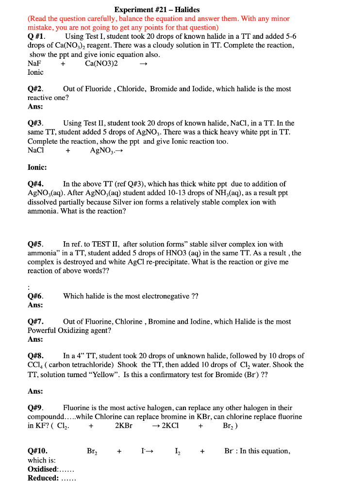 Solved Experiment #21 - Halides (Read the question | Chegg.com