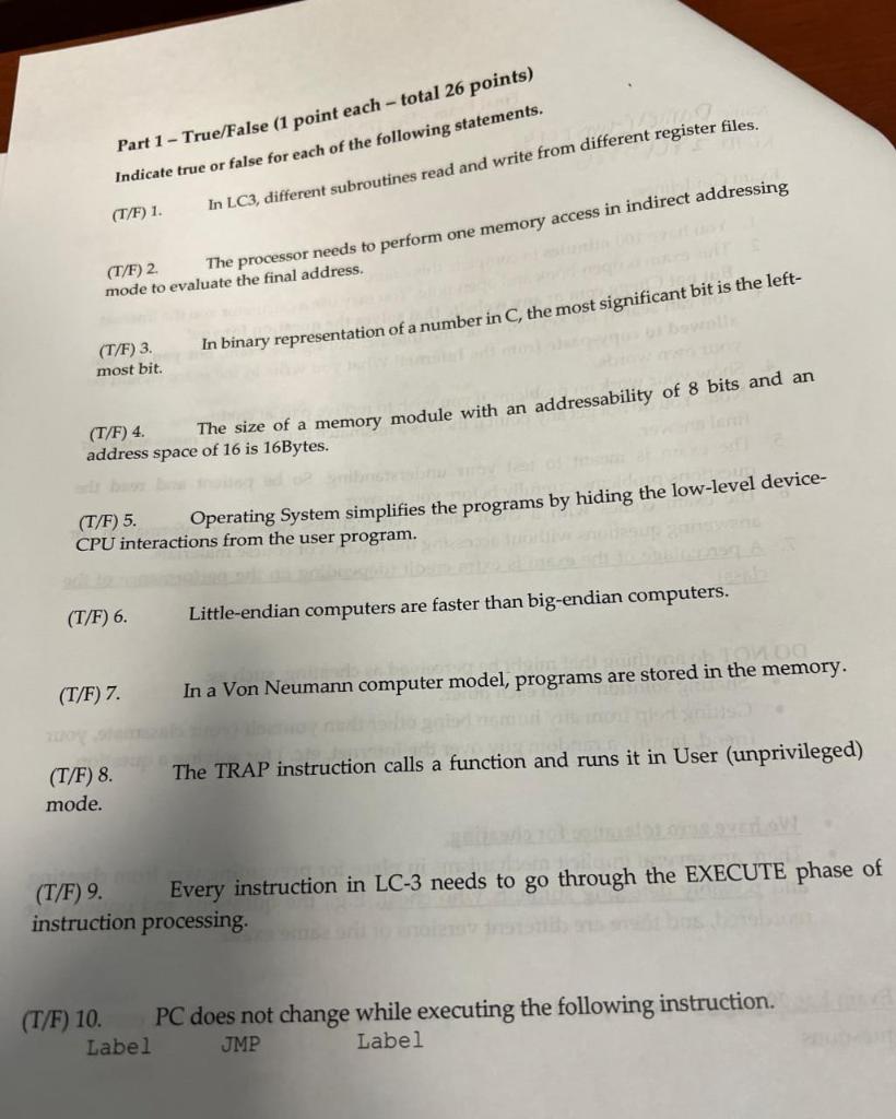 Solved Part 1 - True/False (1 point each - total 26 points) | Chegg.com