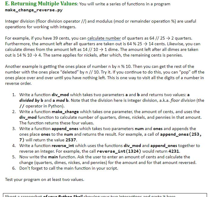 Solved E. Returning Multiple Values: You will write a series | Chegg.com