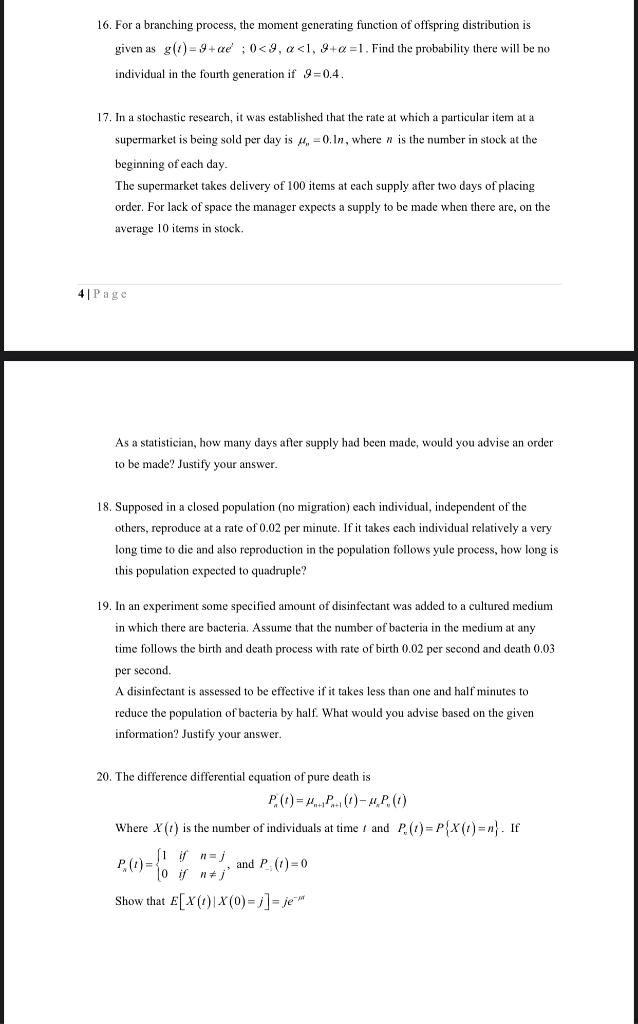 16. For a branching process, the moment generating | Chegg.com