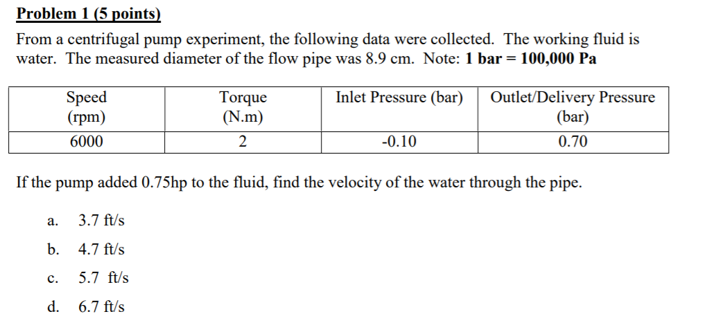 Solved Problem 1 (5 points) From a centrifugal pump | Chegg.com