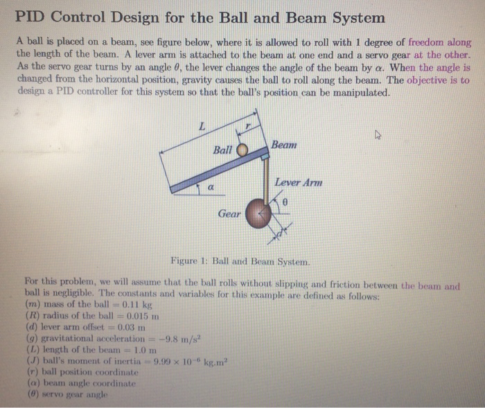 Solved PID Control Design for the Ball and Beam System A | Chegg.com