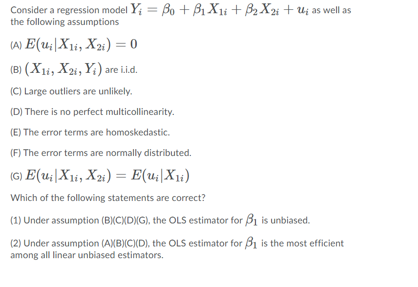 Solved Consider a regression model Yį = Bo + B1 X1i + B2X2i | Chegg.com