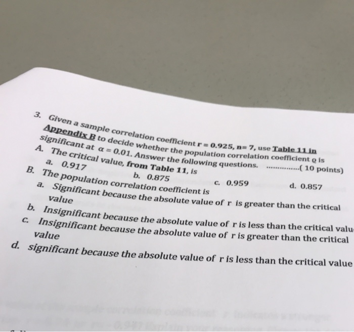 Solved 3. Given a sample correlation coefficient r 0.925, | Chegg.com