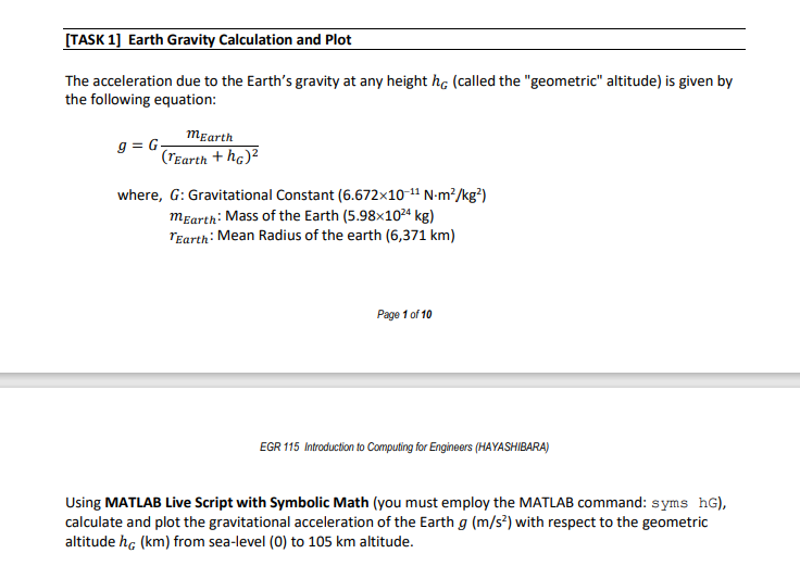 Solved [TASK 1] Earth Gravity Calculation and Plot The | Chegg.com