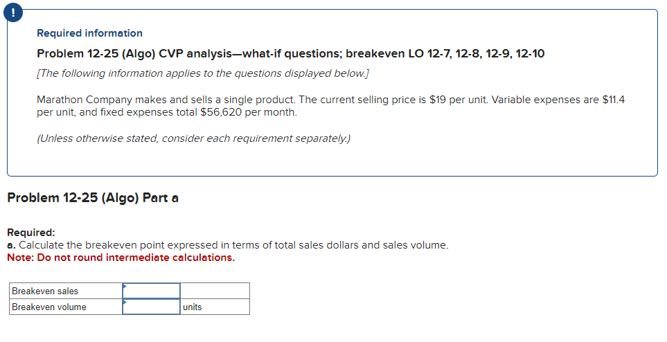 Solved Required information Problem 12-25 (Algo) CVP | Chegg.com