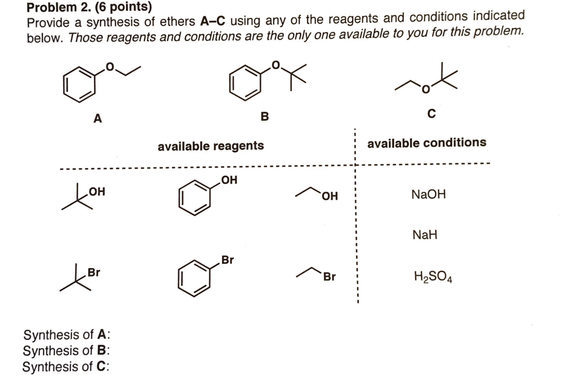 Solved Problem 2. (6 points) Provide a synthesis of ethers | Chegg.com