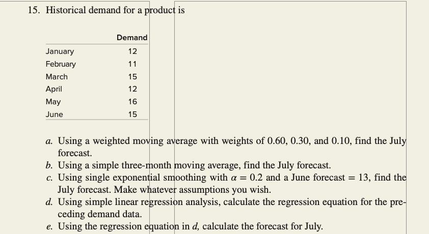 Solved 15. Historical demand for a product is a. Using a | Chegg.com