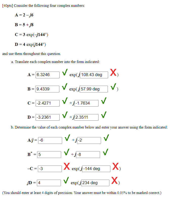 Solved [40pts] Consider the following four complex numbers: | Chegg.com