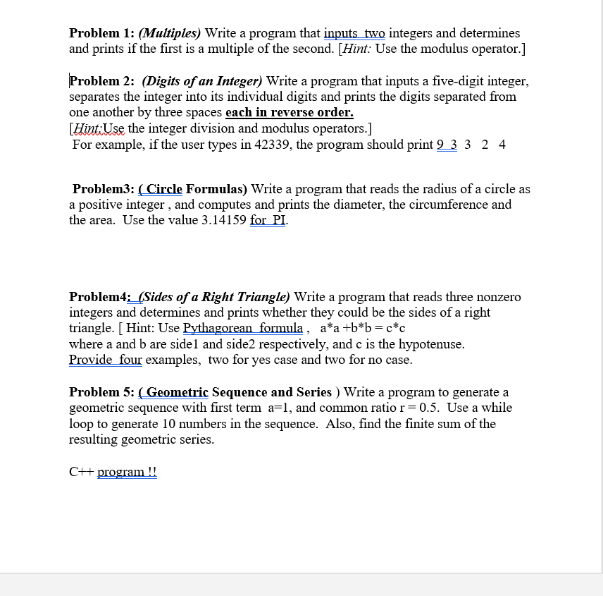 Solved Problem 1: (Multiples) Write a program that inputs | Chegg.com