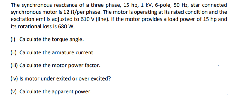 Solved The synchronous reactance of a three phase, 15 hp, 1 | Chegg.com