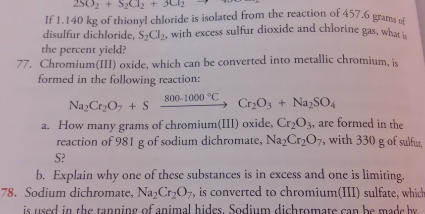 Solved 2SO2 +S2CI2 + 3C2 If 1.140 kg of thionyl chloride is | Chegg.com