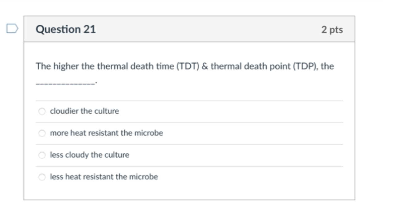 Solved The higher the thermal death time (TDT) \& thermal | Chegg.com