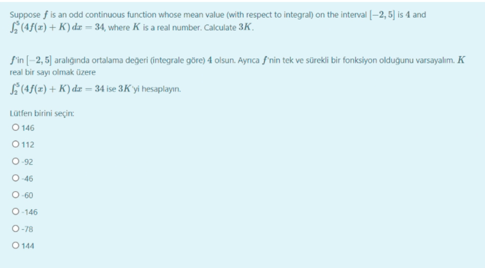 Solved Suppose f is an odd continuous function whose mean | Chegg.com
