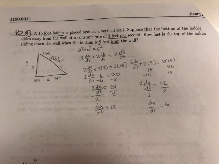 Solved Exam 1190.001 O A 15 foot ladder is placed against a | Chegg.com