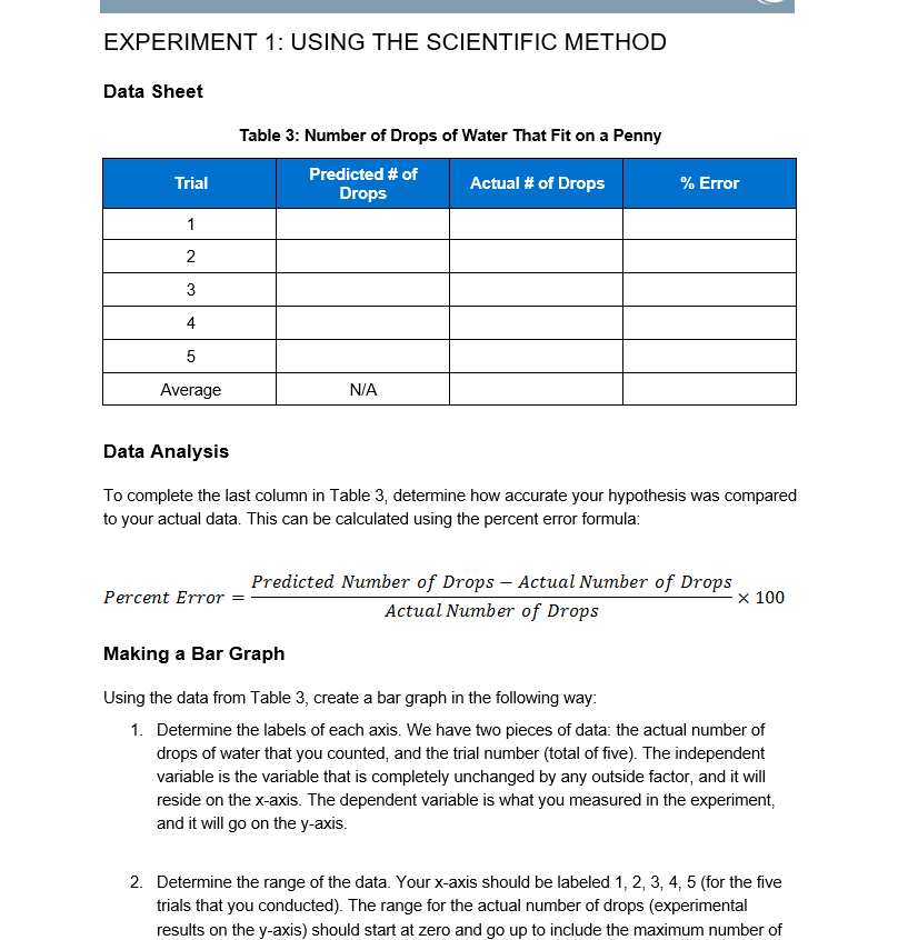 Experiment 1 Using The Scientific Method Data Sheet 