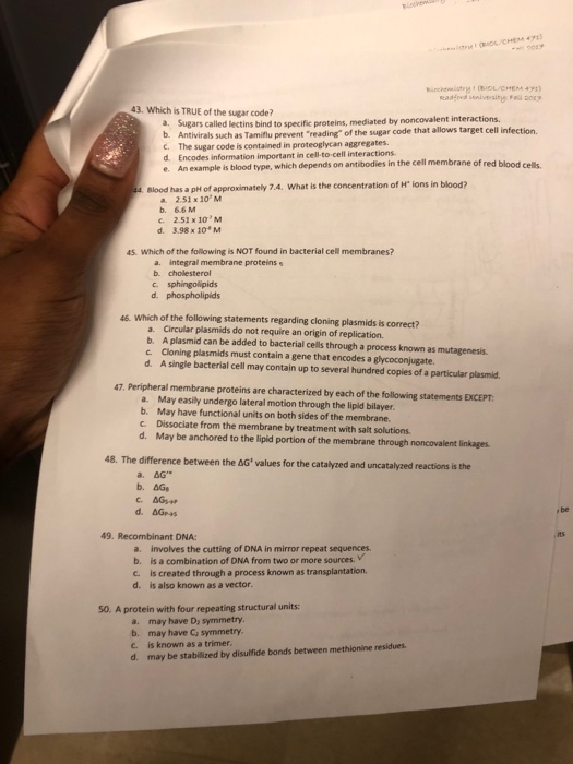 Solved 43. Which is TRUE of the sugar code? a· Sugars called | Chegg.com