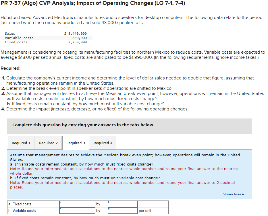 Solved PR 7-37 (Algo) CVP Analysis; Impact of Operating | Chegg.com