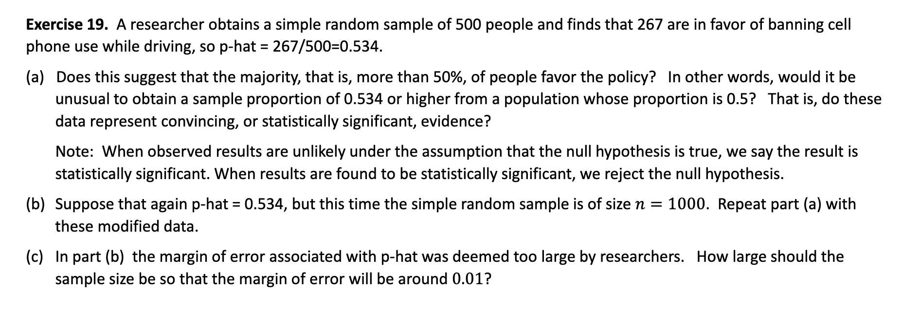 Solved Exercise 19. ﻿A researcher obtains a simple random | Chegg.com