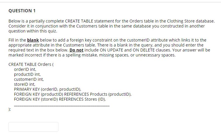 Solved QUESTION 1 Below is a partially complete CREATE TABLE | Chegg.com