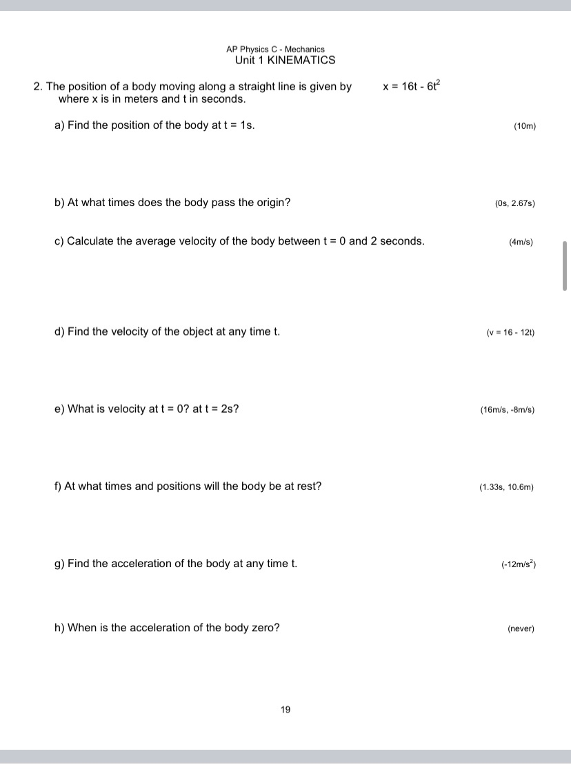 Solved AP Physics C - Mechanics Unit 1 KINEMATICS x = 16t - | Chegg.com