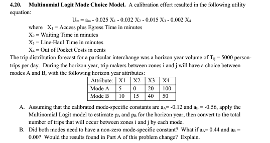 Solved 420 Multinomial Logit Mode Choice Model A