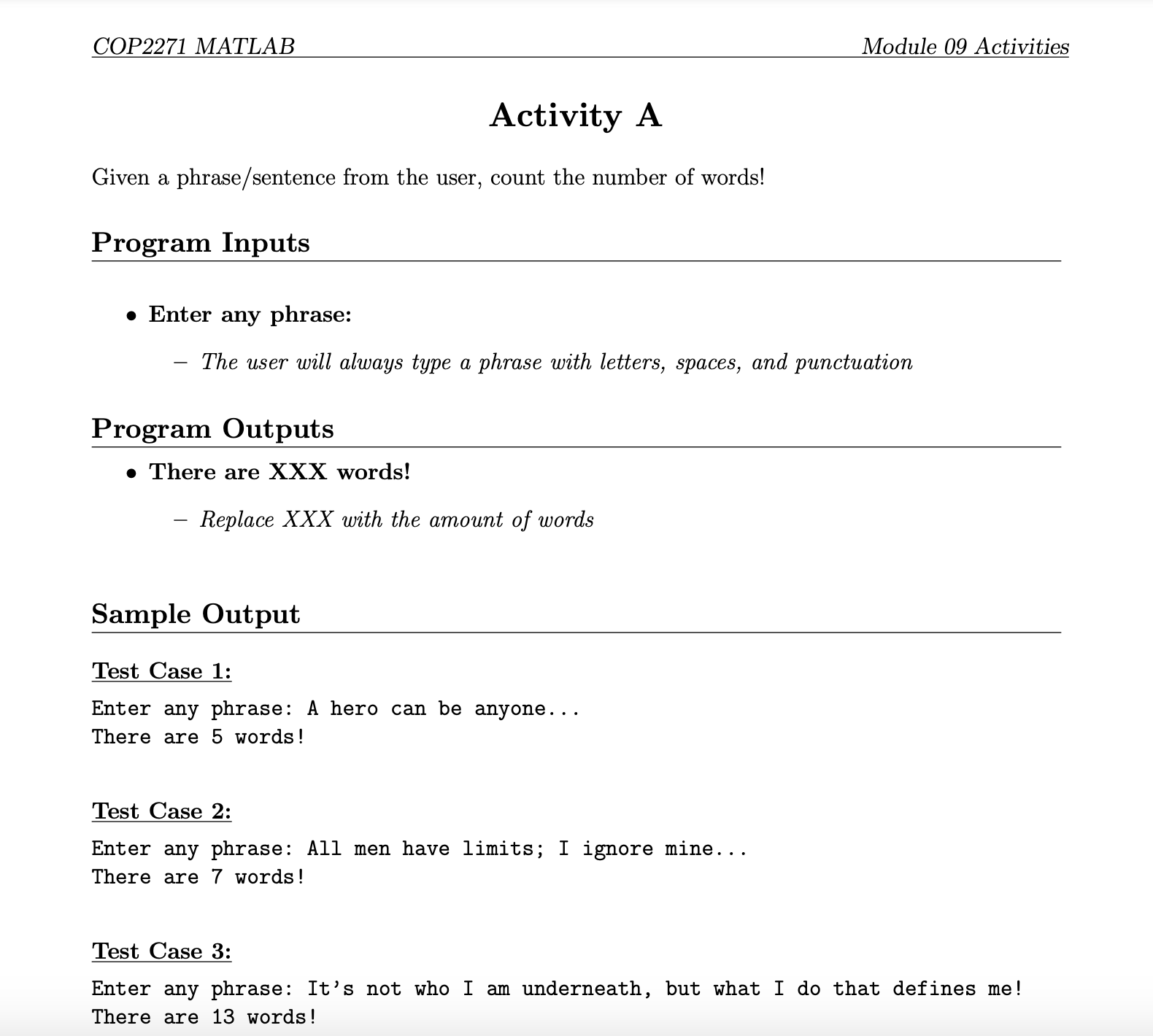 Solved COP2271 MATLAB Module 09 Activities Activity A Given | Chegg.com