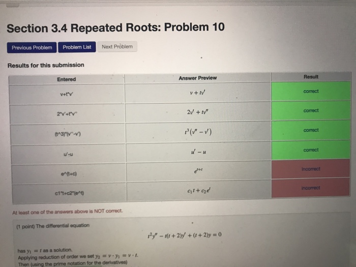 Solved Section 3.4 Repeated Roots: Problem 10 Previous | Chegg.com