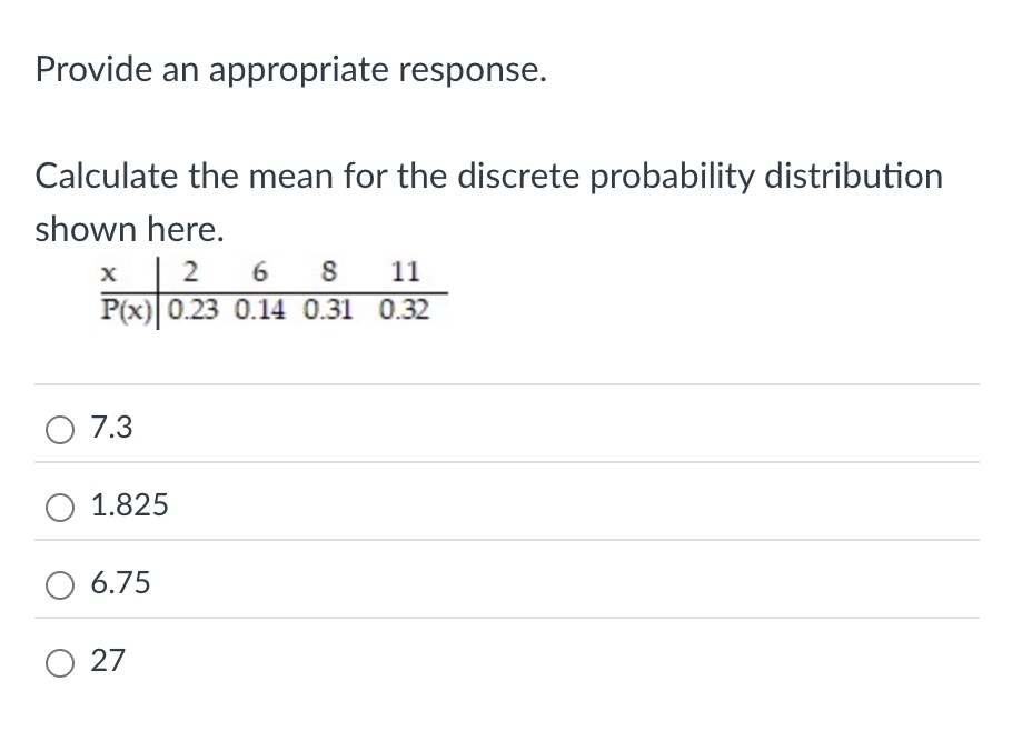Solved by an EXPERT Provide an appropriate response.Calculate the mean ...