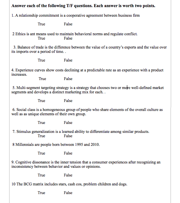 Solved Answer each of the following T/F questions. Each | Chegg.com