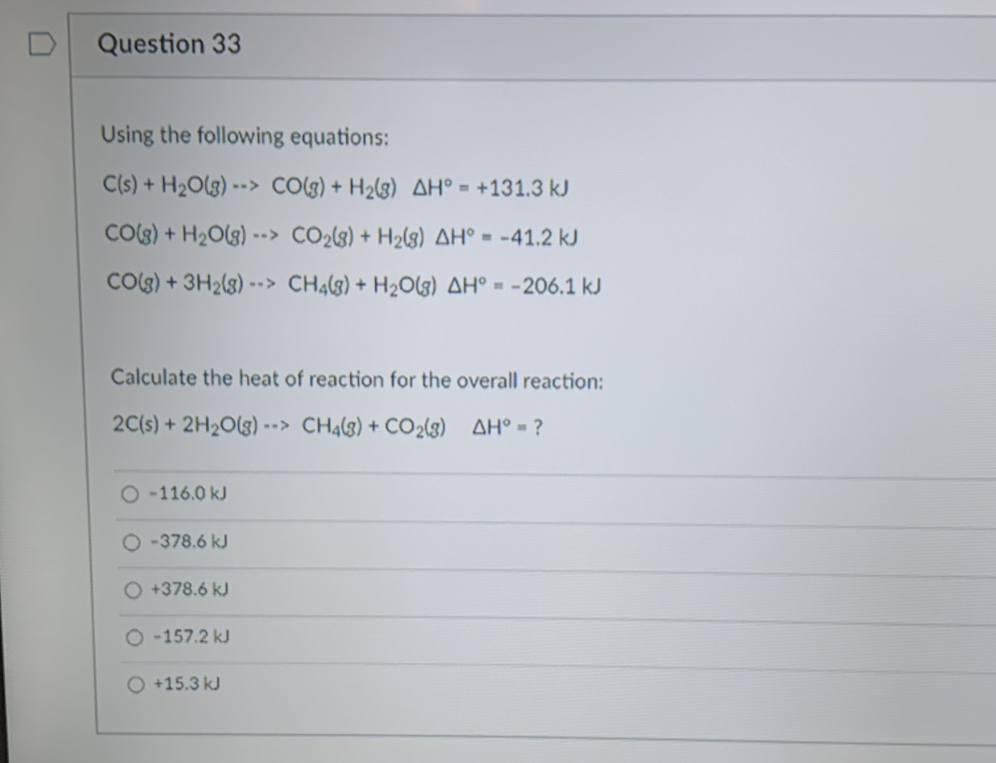 Solved Using the following equations: C(s)+H2O(s)⋯CO(g)+H2( | Chegg.com
