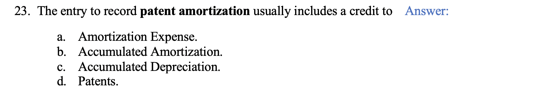 Solved 23. The entry to record patent amortization usually | Chegg.com