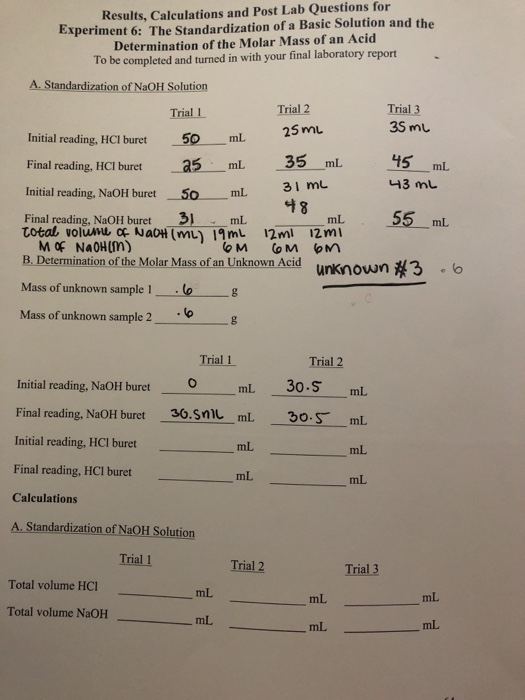 Results, Calculations and Post Lab Questions for | Chegg.com