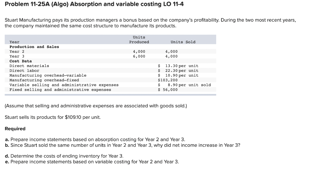 Solved Problem 11-25A (Algo) Absorption and variable costing | Chegg.com