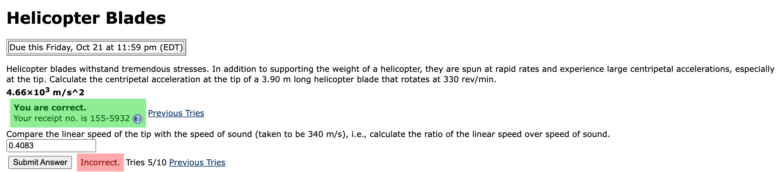 Solved Helicopter Blades at the tip. Calculate the | Chegg.com