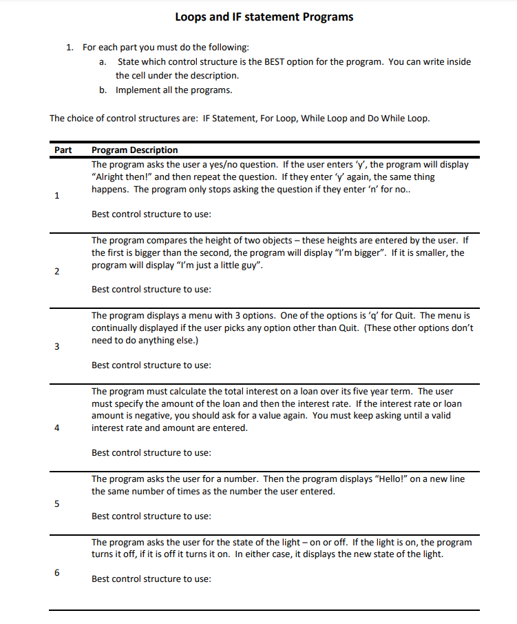 Solved Loops and IF statement Programs 1. For each part you | Chegg.com