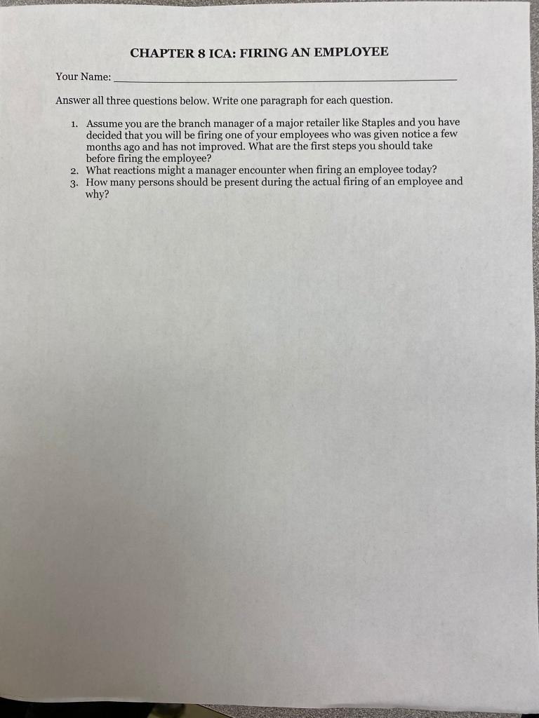Solved CHAPTER 8 ICA: FIRING AN EMPLOYEE Your Name: Answer | Chegg.com