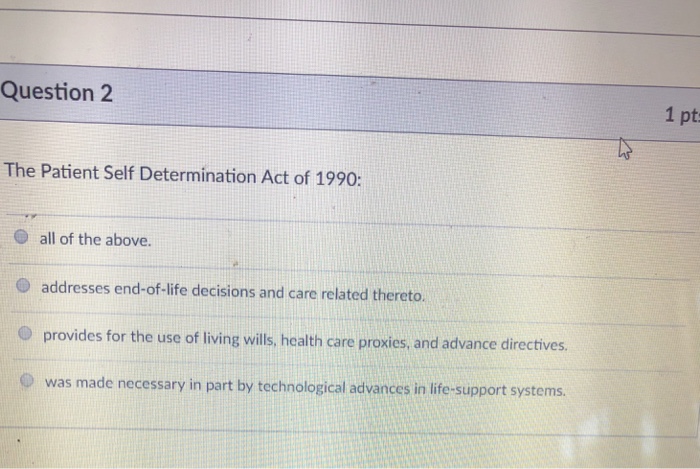 Solved Question 2 1 pt The Patient Self Determination Act of | Chegg.com