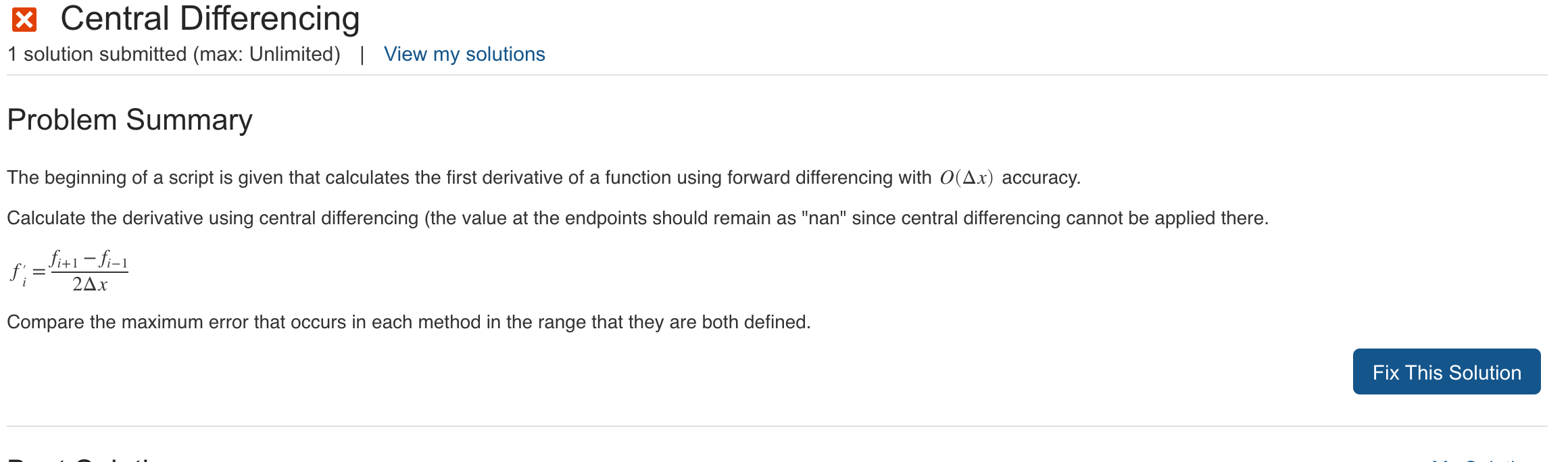 X Central Differencing 1 solution submitted (max: | Chegg.com