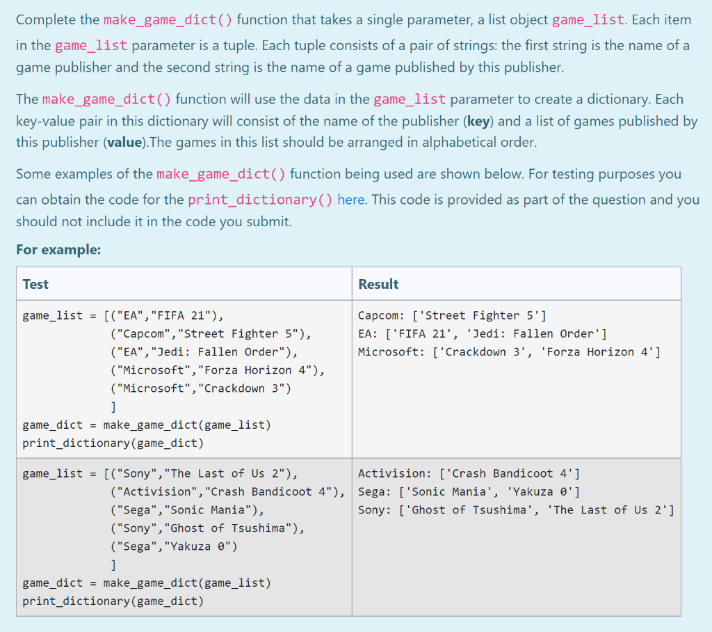 Solved Complete the make_game_dict() function that takes a | Chegg.com
