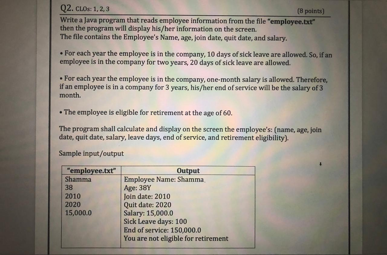 Solved Q2. CLOs: 1,2,3 (8 points) Write a Java program that | Chegg.com