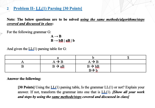 Solved 2 Problem II- LL(1) Parsing (30 Points] Note: The | Chegg.com